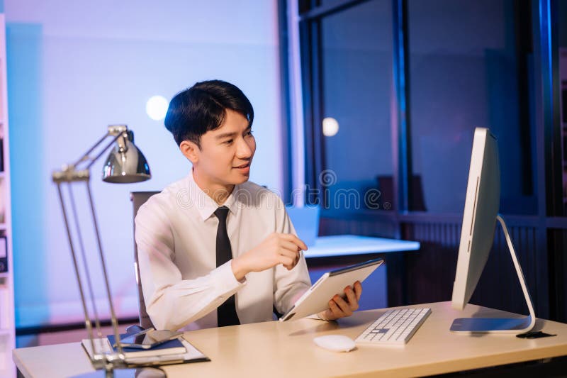 Overtime Work Concept, Handsome Asian Business Man Working Overtime ...
