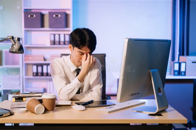 Overtime Work Concept, Handsome Asian Business Man Working Overtime ...