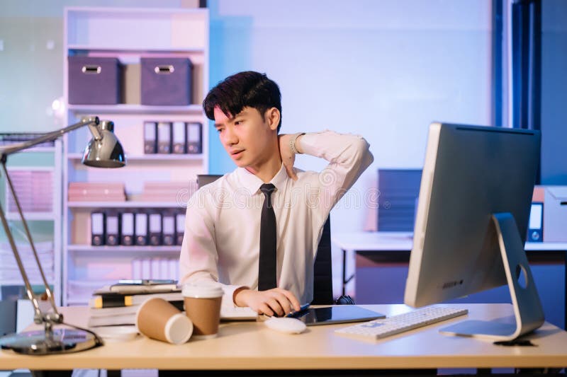 Overtime Work Concept, Handsome Asian Business Man Working Overtime ...