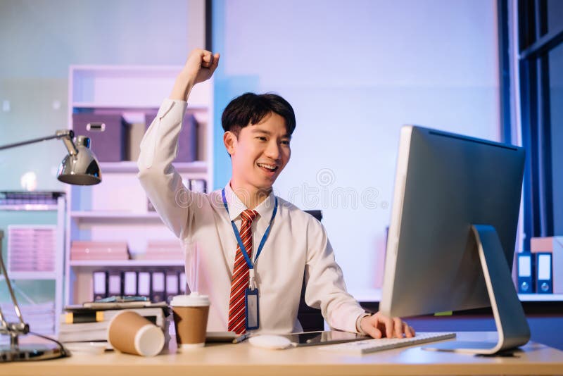 Overtime Work Concept, Handsome Asian Business Man Working Overtime ...