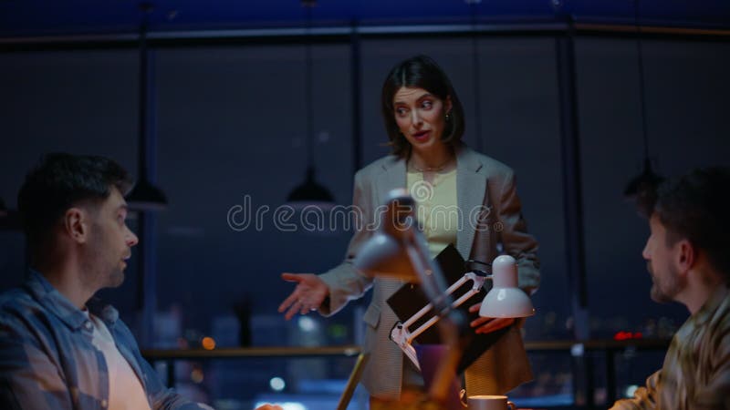 Overtime Workers Typing Computers Sipping Coffee at Night. Lady ...