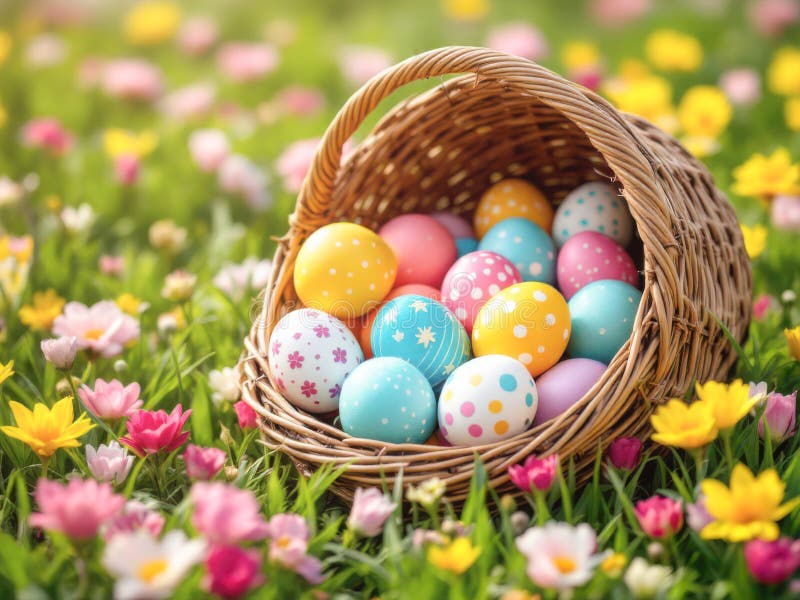 Overturned Basket with Colorful Easter Eggs on the Green Lawn. Spring ...