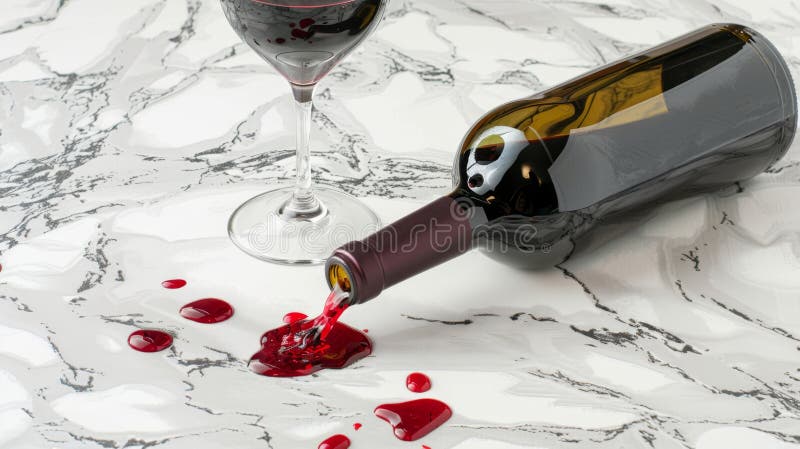 Overturned Bottle Spilling Red Wine Onto a White Marble Tabletop with a ...