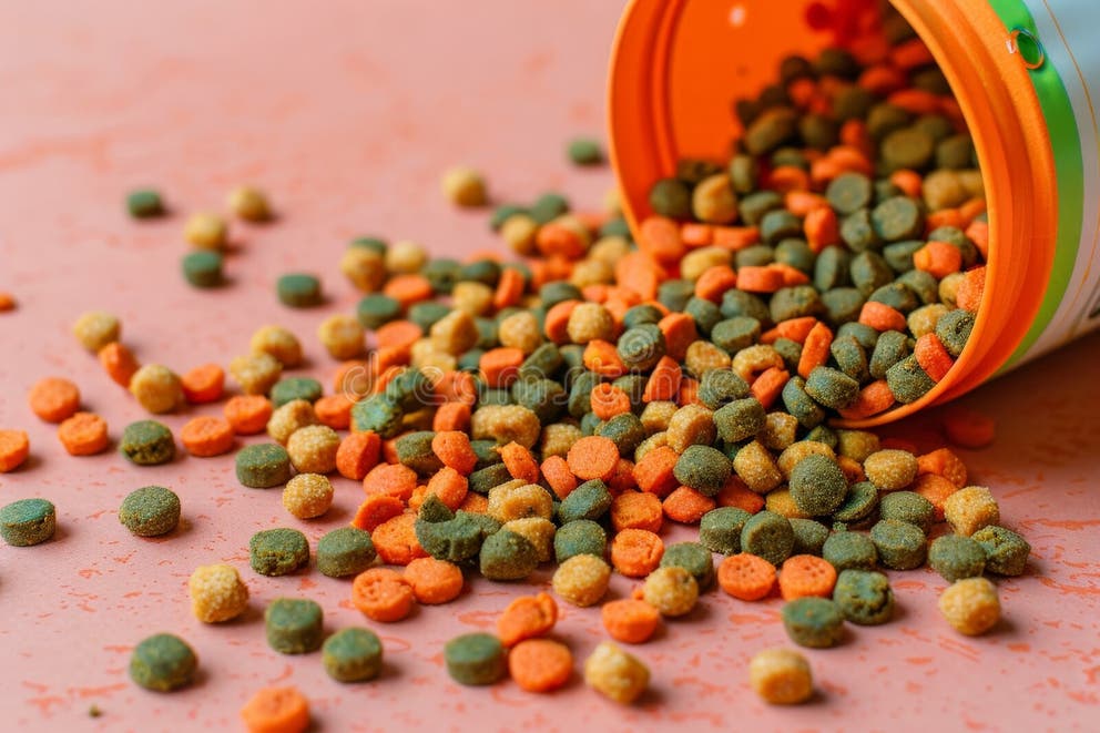 A Spilled Feast Colorful Dry Dog Food Tumbles from an Overturned Can ...