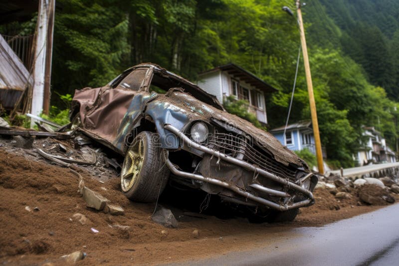 Overturned Car Buried in Mudslide Aftermath Stock Illustration ...