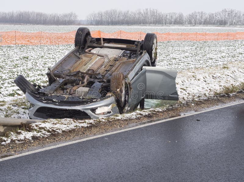 Overturned Car beside the Road Stock Image - Image of accident, highway ...