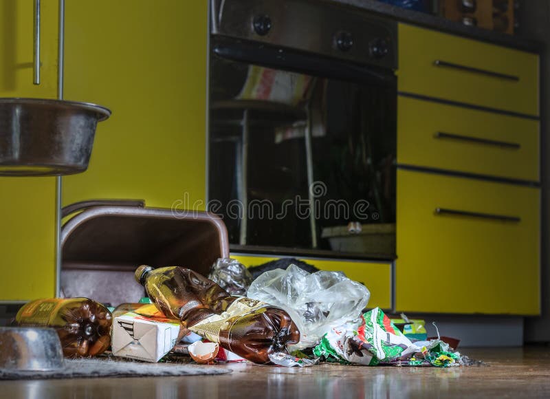 An Overturned Garbage Can and a Pile of Garbage in the Kitchen Stock ...