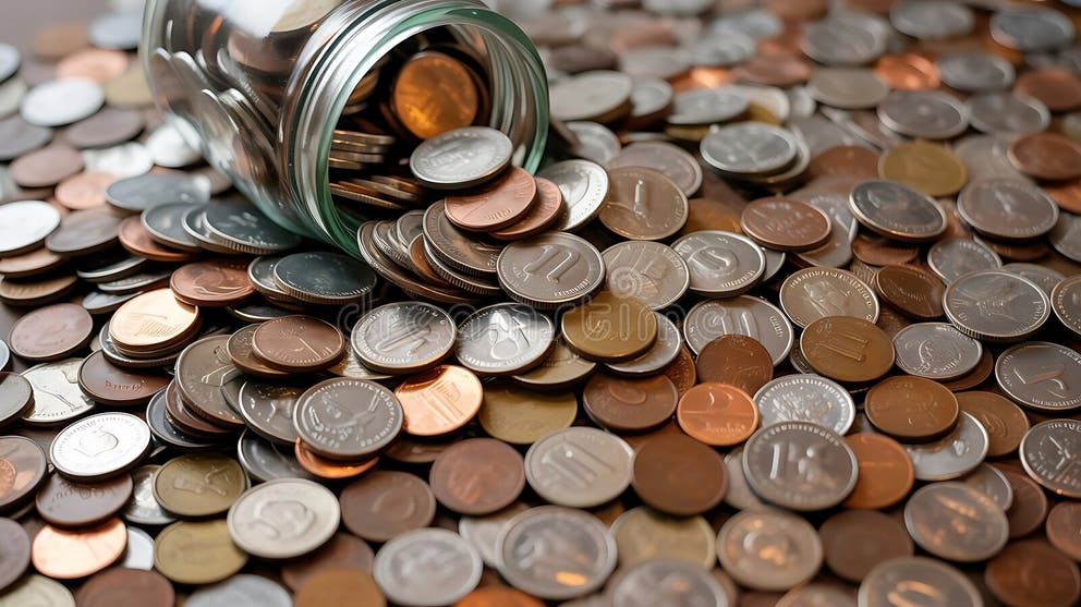 Overturned Jar Spilling Coins on a Surface Money Saving Concept Stock ...