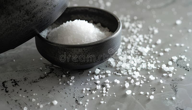 Overturned Shaker with Salt on Grey Table, Closeup Stock Image - Image ...