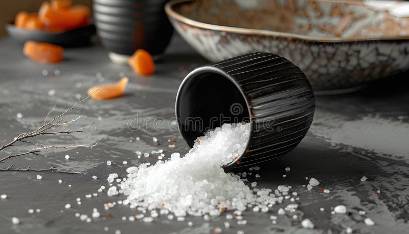 Overturned Shaker with Salt on Grey Table, Closeup Stock Image - Image ...