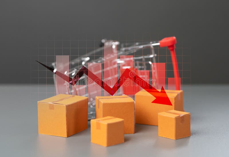 Overturned Shopping Card and Red Arrow Down. Falling Sales Stock Image ...