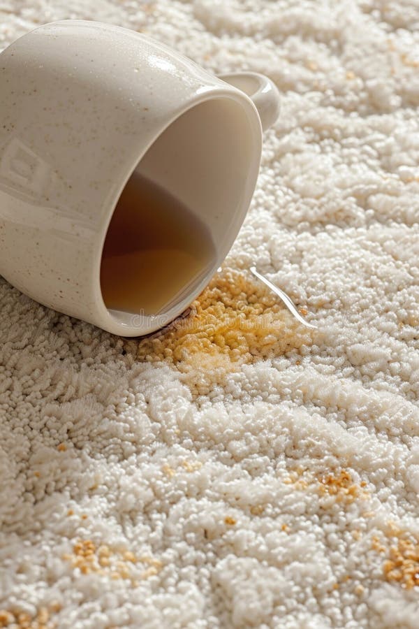 Overturned Tea Cup Spilling Tea on White Carpet. Messy Stain Concept ...