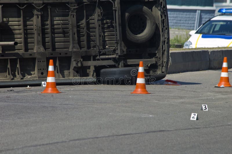 Overturned Transport on Accident Site with Traffic Cones Stock Image ...