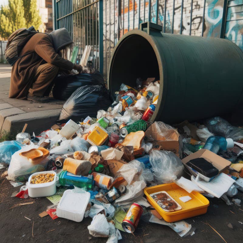An Overturned Trash Can and Spilled Garbage. Stock Photo - Image of ...