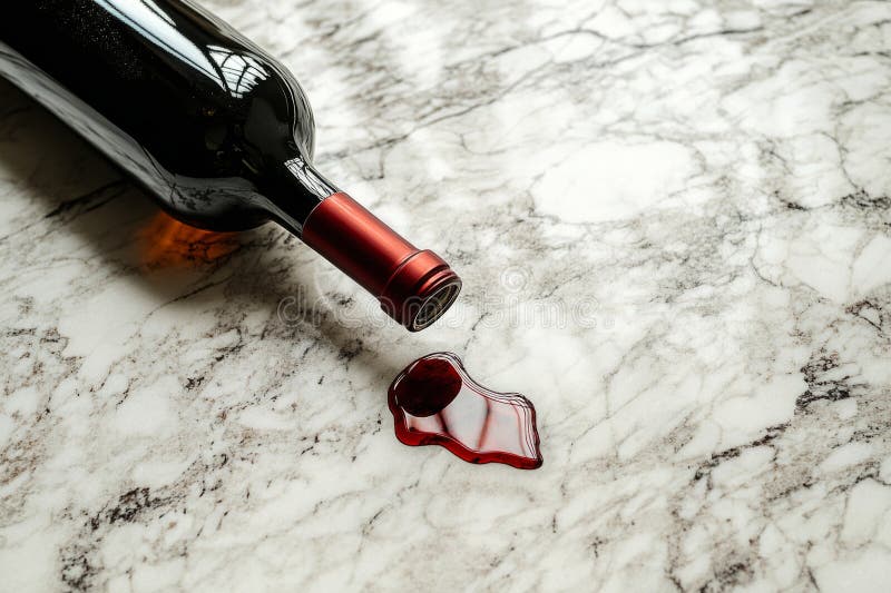 Overturned Wine Bottle Spilling Red Wine Onto a Marble Countertop ...