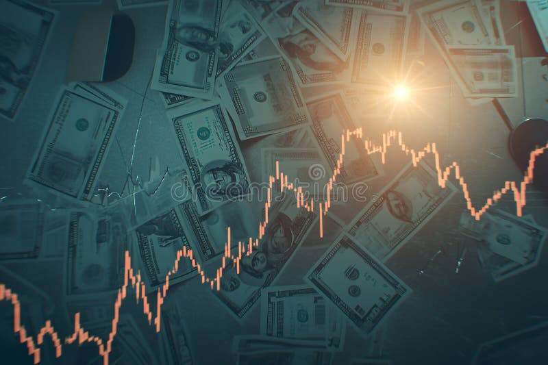 Overview of Cash Notes on Table with Fluctuating Stock Market Graph and ...
