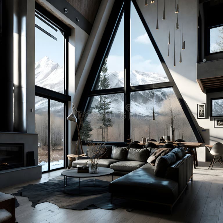 Overview of a Comfortable Living Room with High Ceiling Large ...