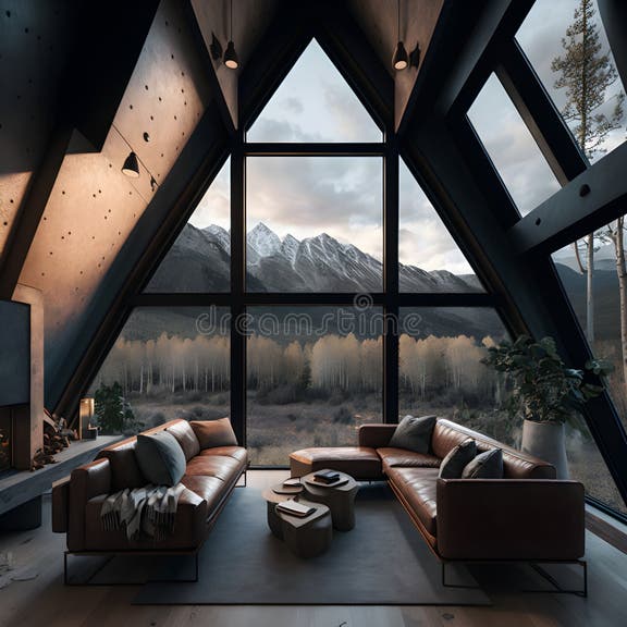 Overview of a Comfortable Living Room with High Ceiling Large ...