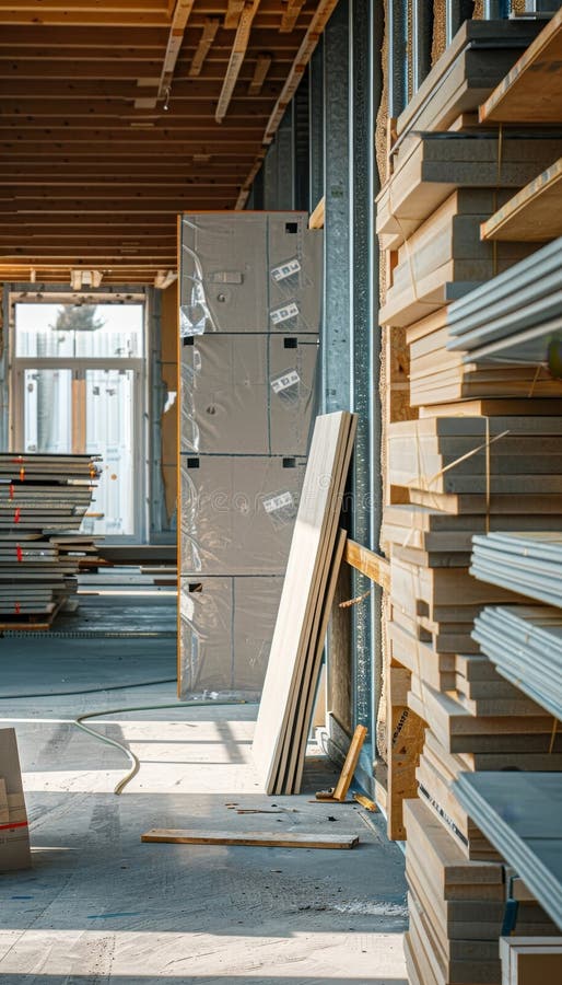 Overview of a Construction Site with Stacked Drywall Sheets Showcasing ...