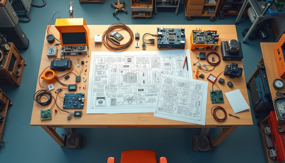 Overview of Electronics Components, Schematics on Worktable Workshop ...