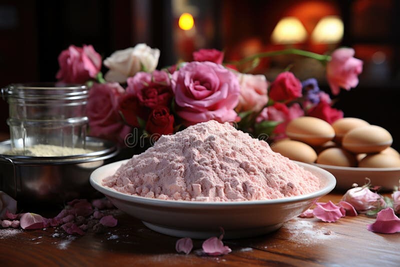 An Overview of Flour Eggs Butter and Equipment on the Pink Back Stock ...