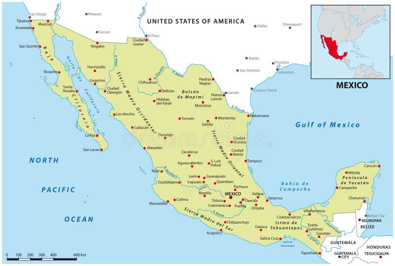 Overview Map of Mexico with the Most Important Cities Stock Vector ...