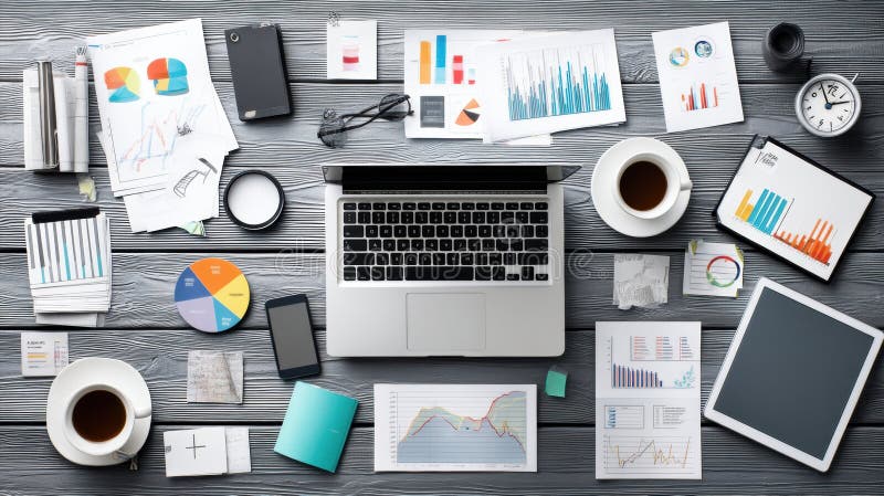 Overview of a Modern Office Desk Featuring a Laptop, Coffee Cup, and ...