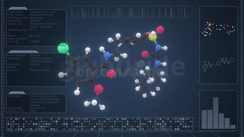 Molecule of Glyburide with Infographics on the Computer Monitor, 3d ...