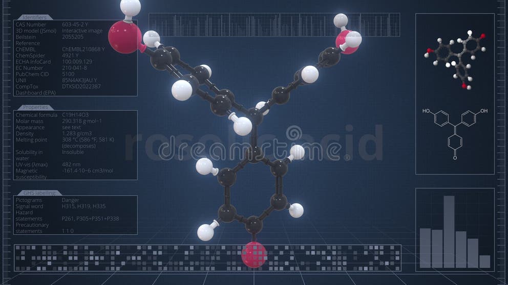 Molecule of Rosolic Acid with Infographics on the Computer Monitor, 3d ...