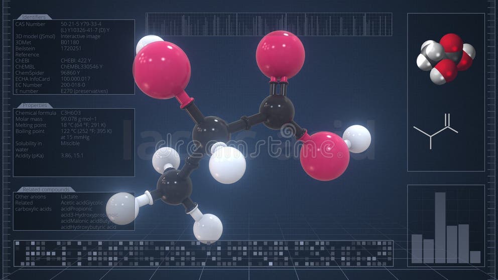 Overview of the Molecule of Lactic Acid on the Computer Screen. 3d Rendering Stock Illustration ...