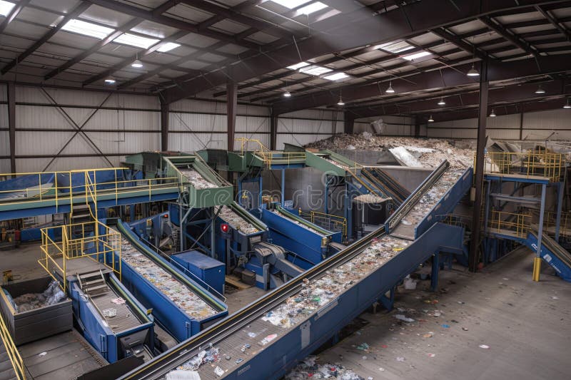 An Overview of a Recycling Facility, with Bins and Conveyors Sorting ...