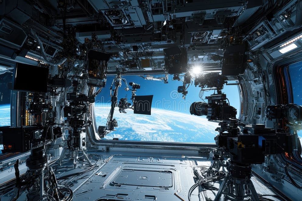 Overview of a Space Station Interior Featuring Multiple Cameras and Earth in the Background ...