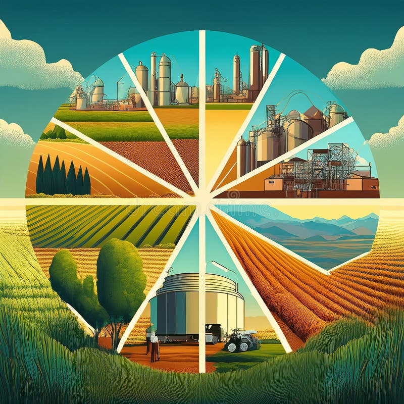 Overview of Sustainable Agriculture Practices Showing Various Fields and Facilities in a ...