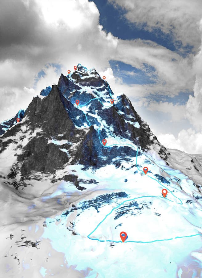 Overview of a Winding Hiking Trail through the Mountains with Waypoints ...