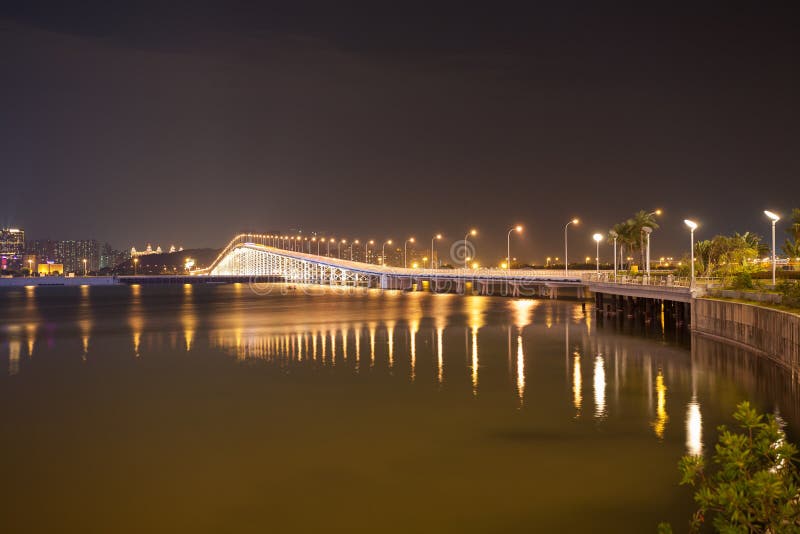 Overwater Bridge Over the Sea at Night in Macau Stock Photo - Image of ...
