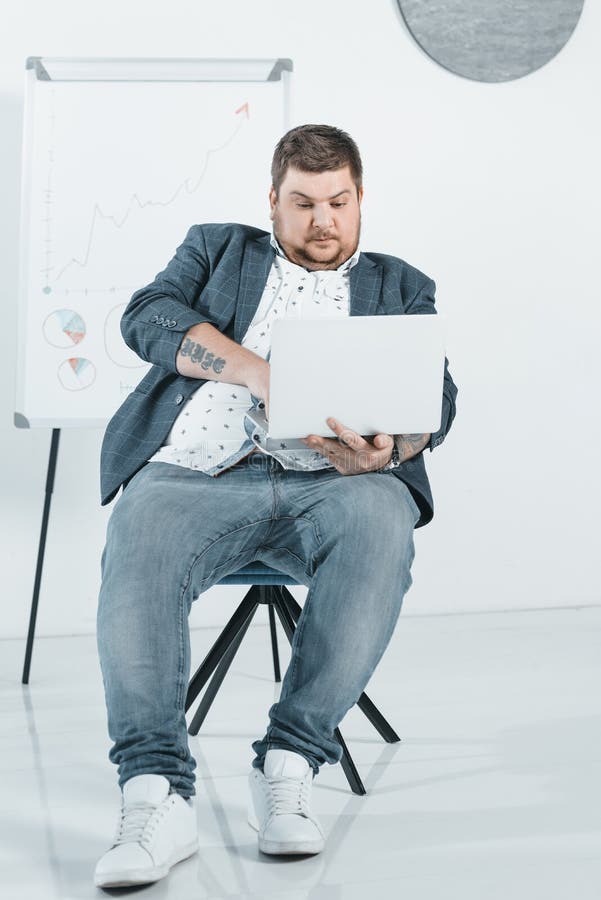 Overweight Businessman in Suit Working with Laptop Stock Photo - Image ...