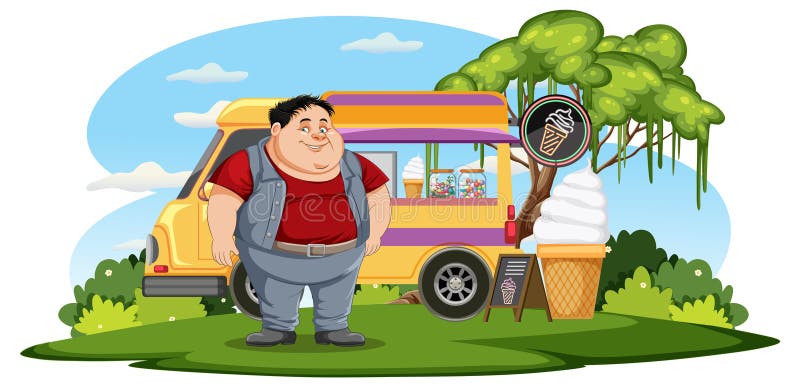 Overweight Man In Front Of Ice Cream Food Truck Stock Vector Illustration Of Character