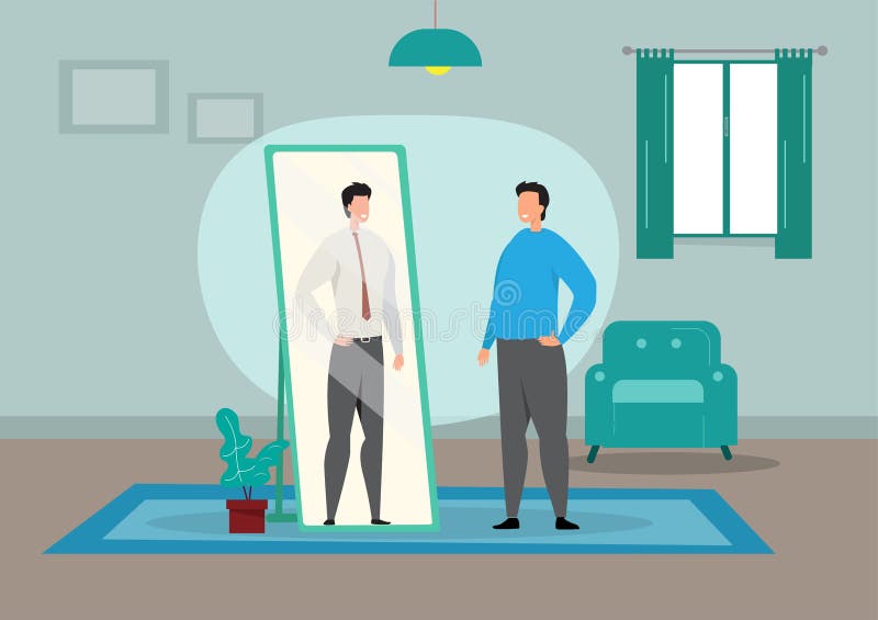 Overweight Man Looking at Himself Reflection in the Mirror and ...