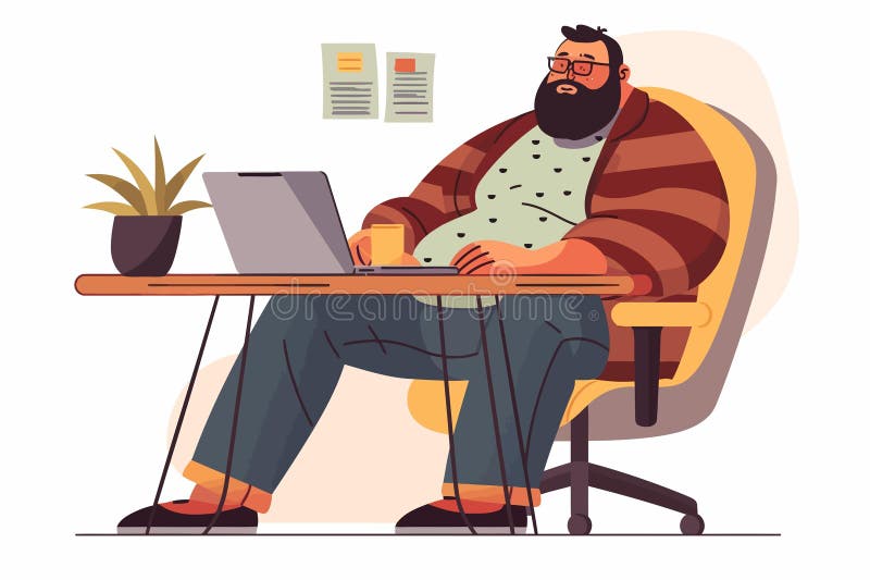 Overweight Man Using Laptop Vector on Table Stock Ima Isolated Vector ...