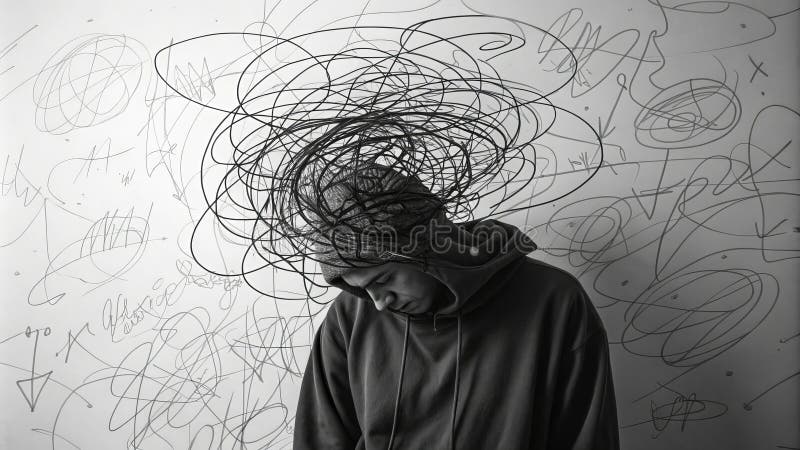 Overwhelmed Black and White Portrait with Scribbled Background, Mental ...