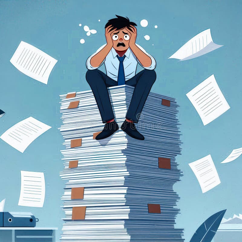 An Overwhelmed Businessman Sits Atop a Towering Stack of Papers, Illustrating Stress and Work ...