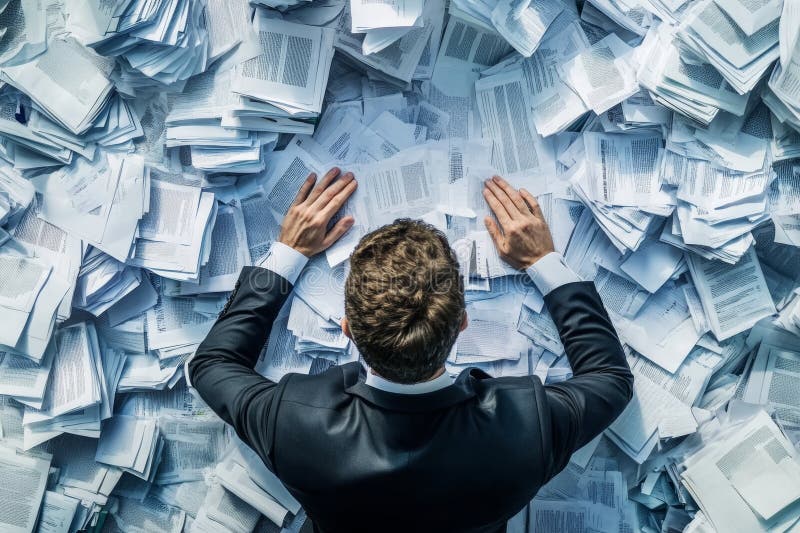 Overwhelmed Businessman Surrounded by Piles of Documents at His Chaotic ...