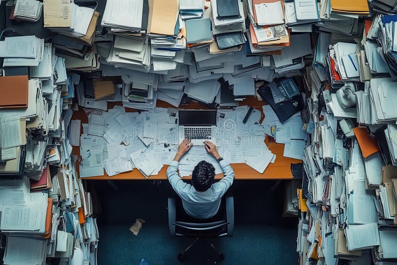 Overwhelmed Businessman Working at a Desk Surrounded by Stacks of ...
