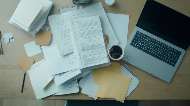 Overwhelmed Desk with Documents and Laptop Stock Image - Image of ...