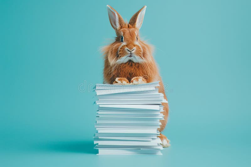 Overwhelmed Fluffy Bunny with Stack of Paperwork on Blue Background ...