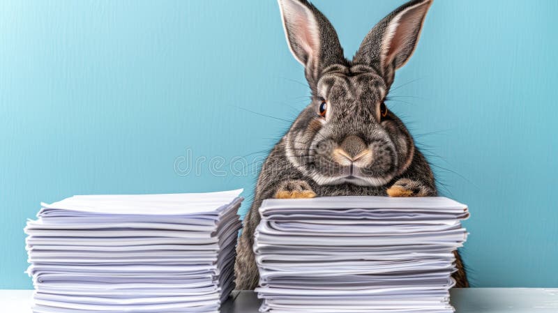 Overwhelmed Gray Rabbit Confronting Two Large Stacks of Paperwork ...