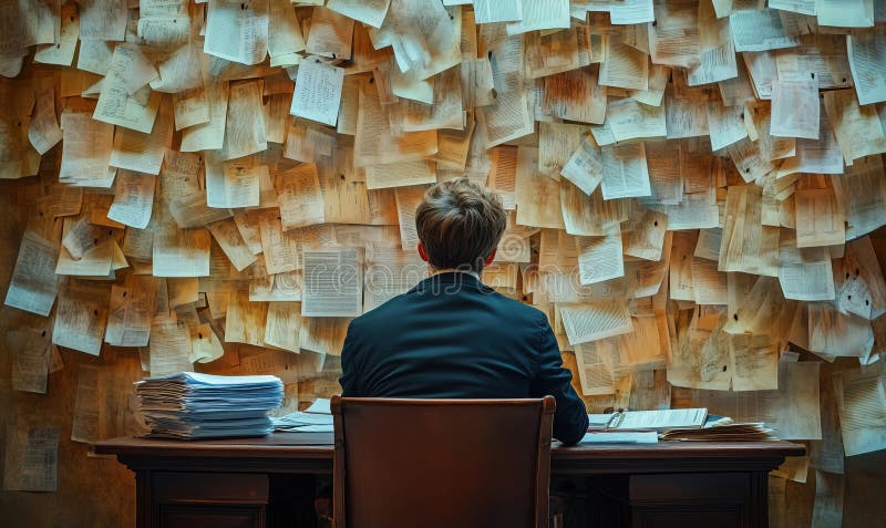 Overwhelmed Individual Surrounded by Chaotic Paperwork in a Cluttered ...