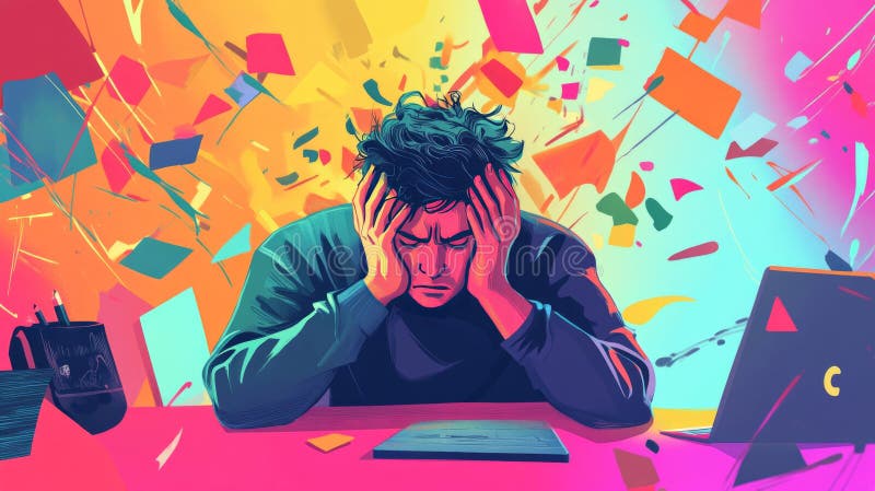 Overwhelmed Man at Desk with Laptop Stock Illustration - Illustration ...