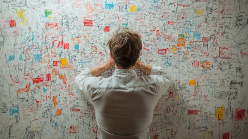 Overwhelmed Man Facing a Wall of Notes and Equations Stock Illustration ...