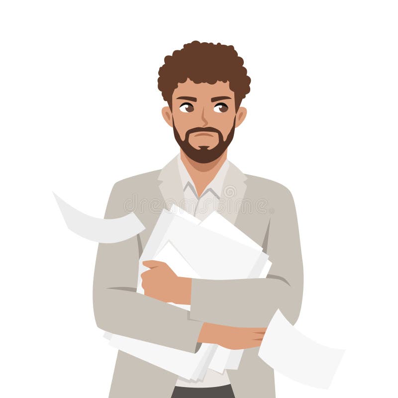 Overwhelmed Man Holding a Large Stack of Documents with a Worried or ...
